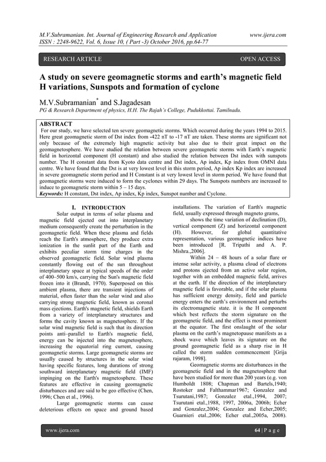 A study on severe geomagnetic storms and earth’s magnetic field H variations, Sunspots and ...