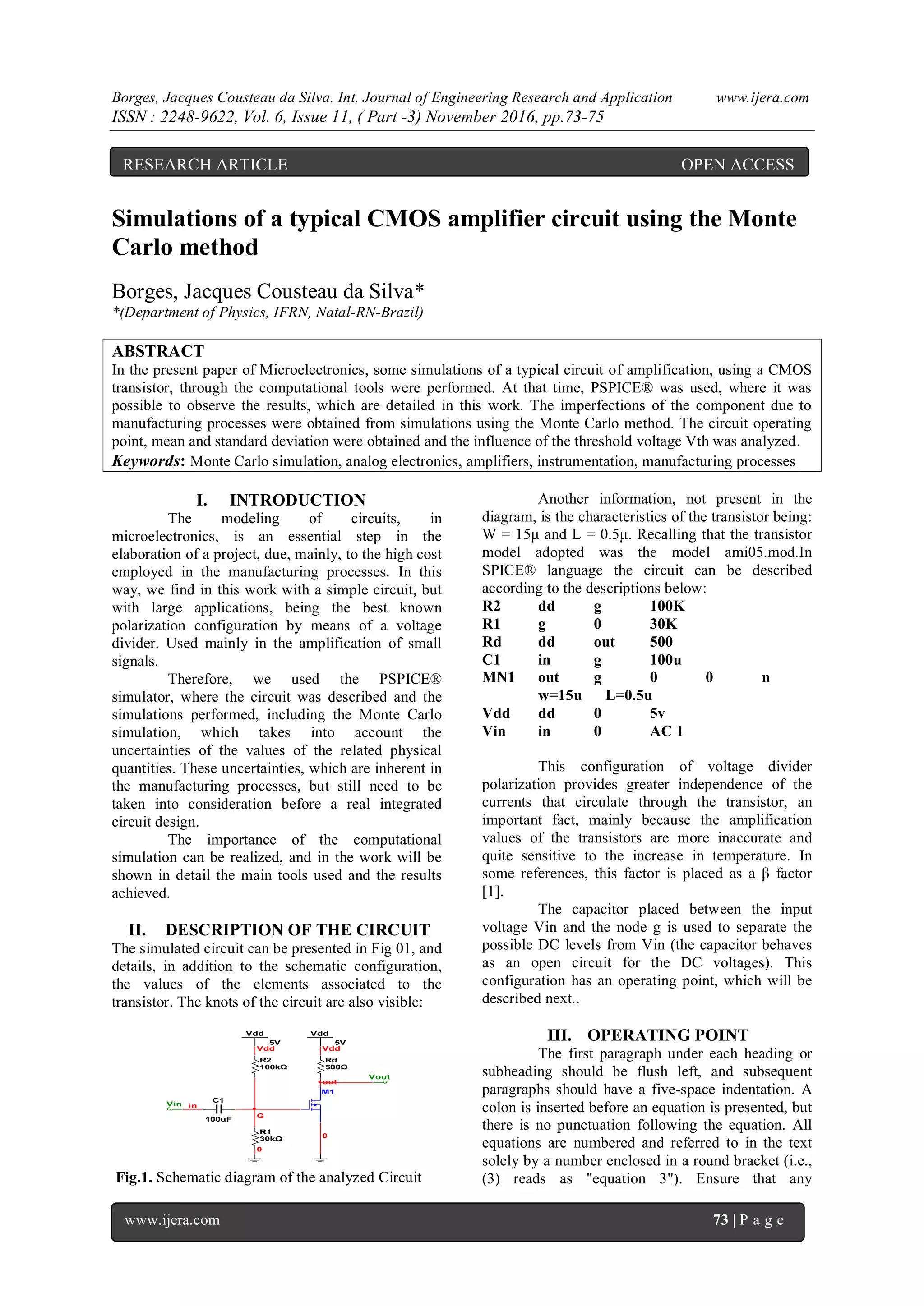 Simulations of a typical CMOS amplifier circuit using the Monte Carlo method | PDF