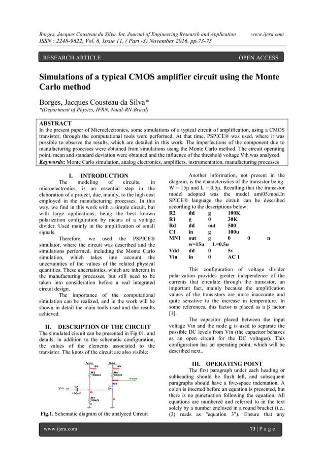 Simulations of a typical CMOS amplifier circuit using the Monte Carlo method | PDF