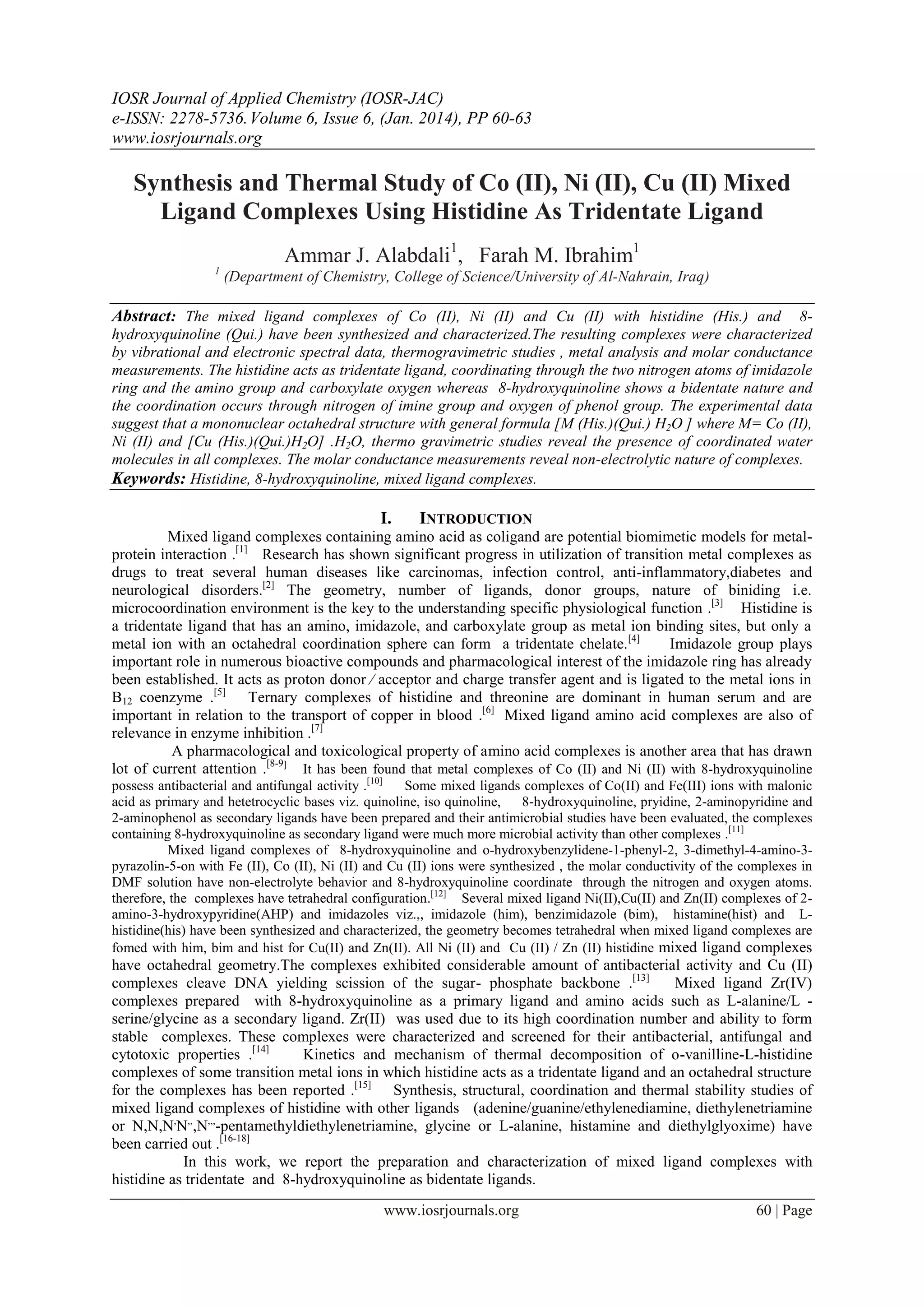 Synthesis and Thermal Study of Co (II), Ni (II), Cu (II) Mixed Ligand Complexes Using Histidine ...
