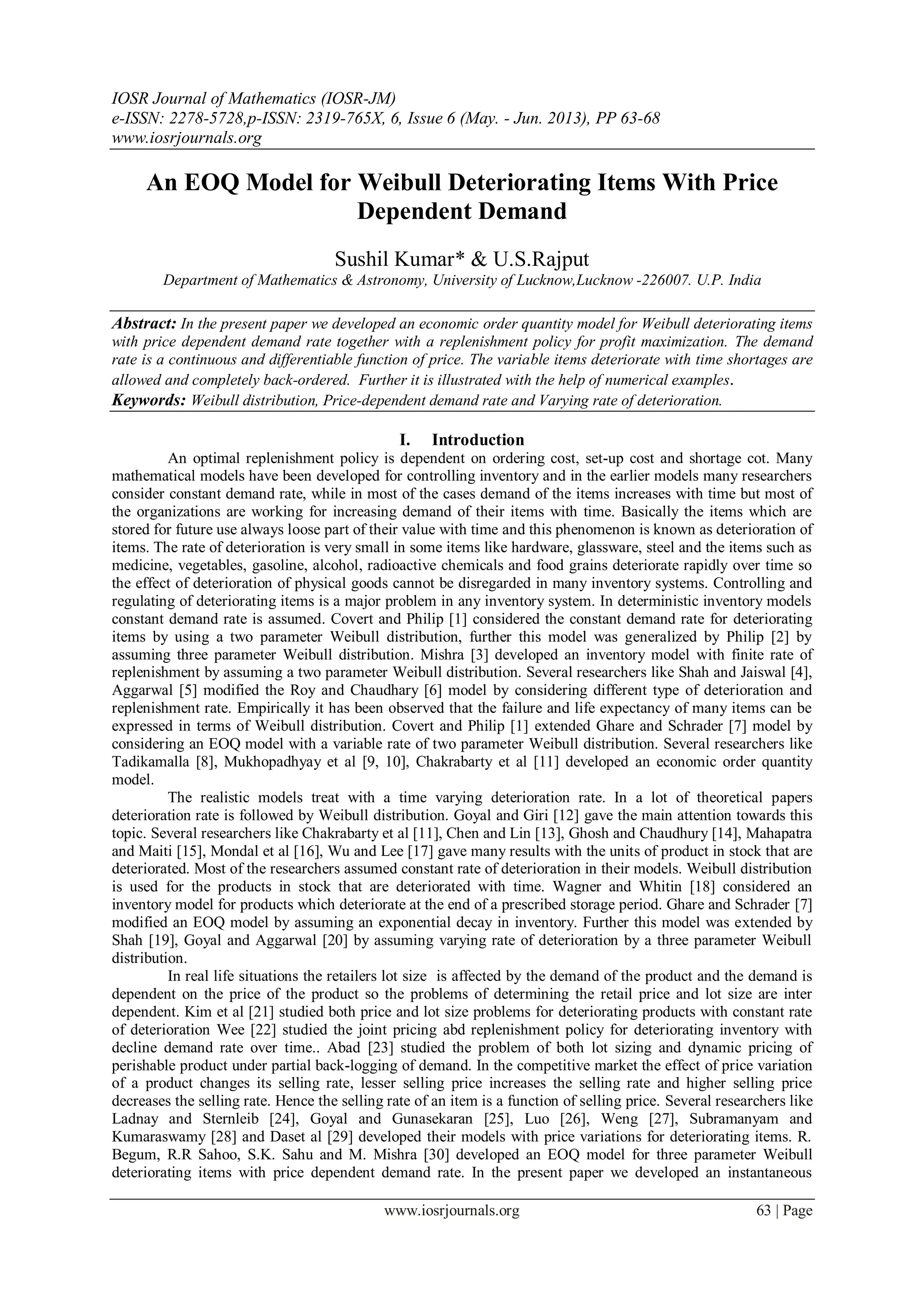 An EOQ Model for Weibull Deteriorating Items With Price Dependent Demand | PDF