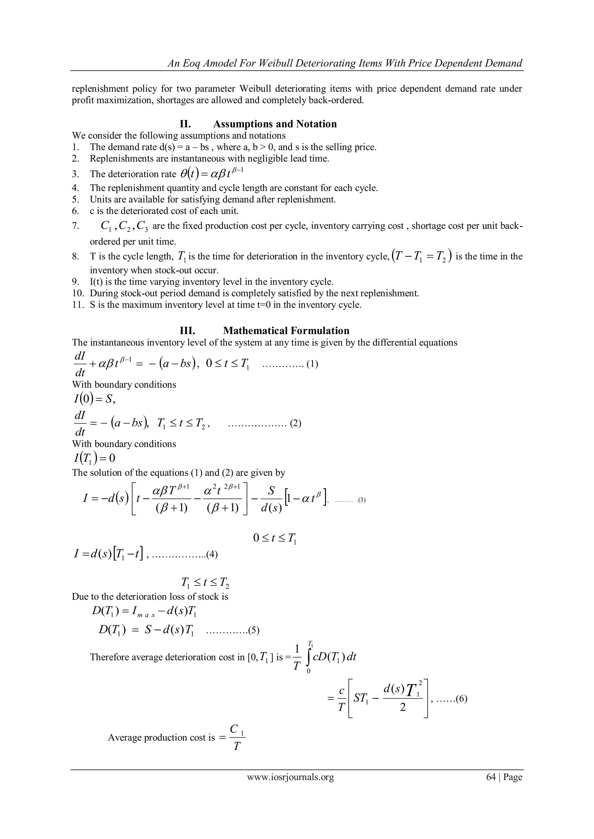 An Eoq Model For Weibull Deteriorating Items With Price Dependent Demand Pdf