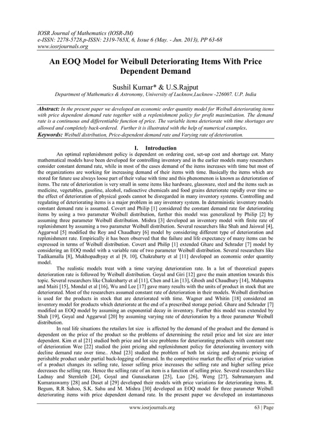 An Eoq Model For Weibull Deteriorating Items With Price Dependent Demand Pdf