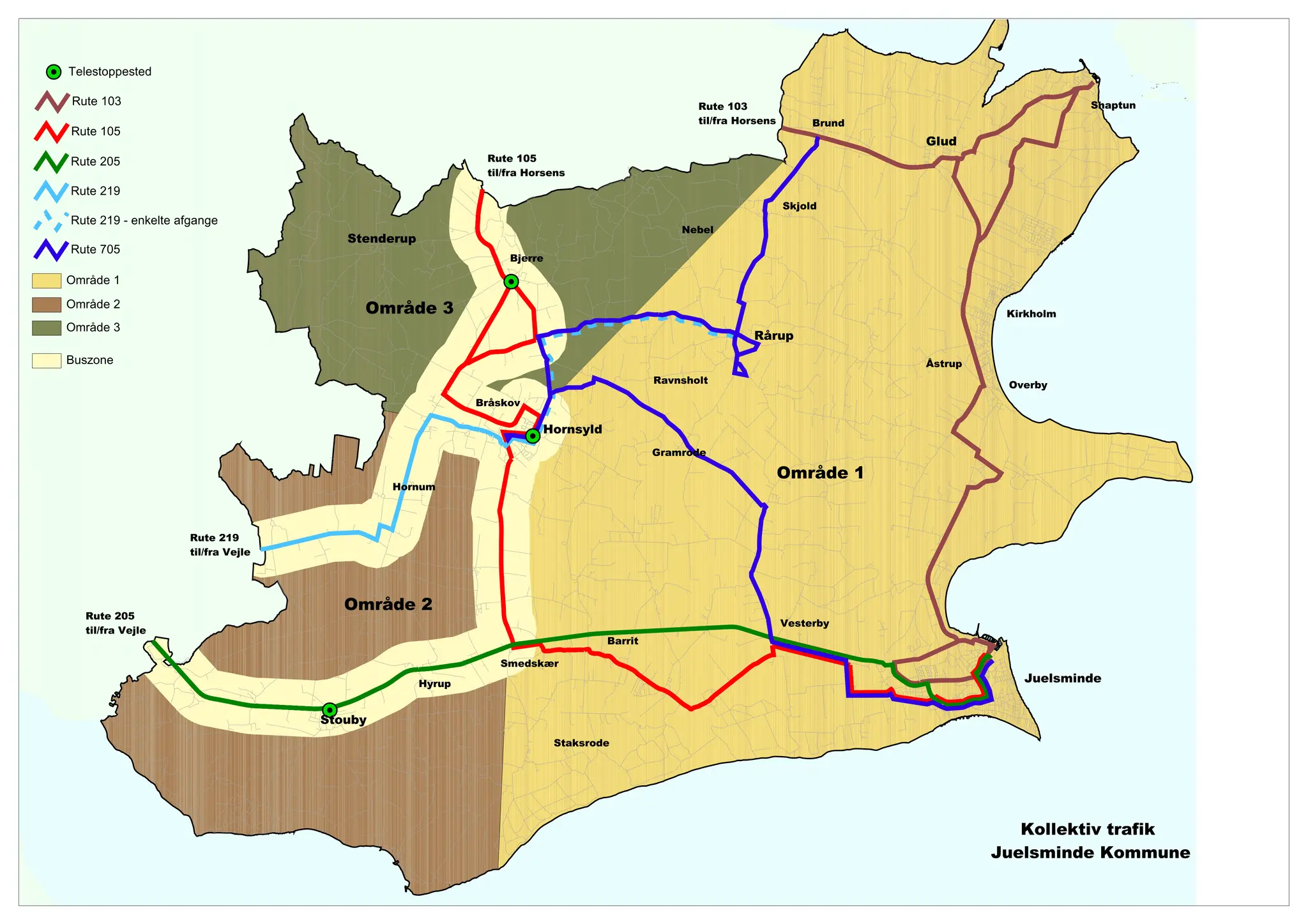 Kort over Kollektiv trafik i Juelsminde Kommune 2006/07 | Vejle Amts ...