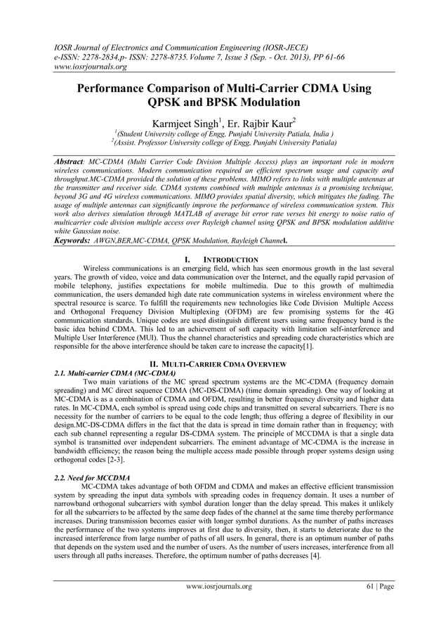 Performance Comparison Of Multi Carrier Cdma Using Qpsk And Bpsk