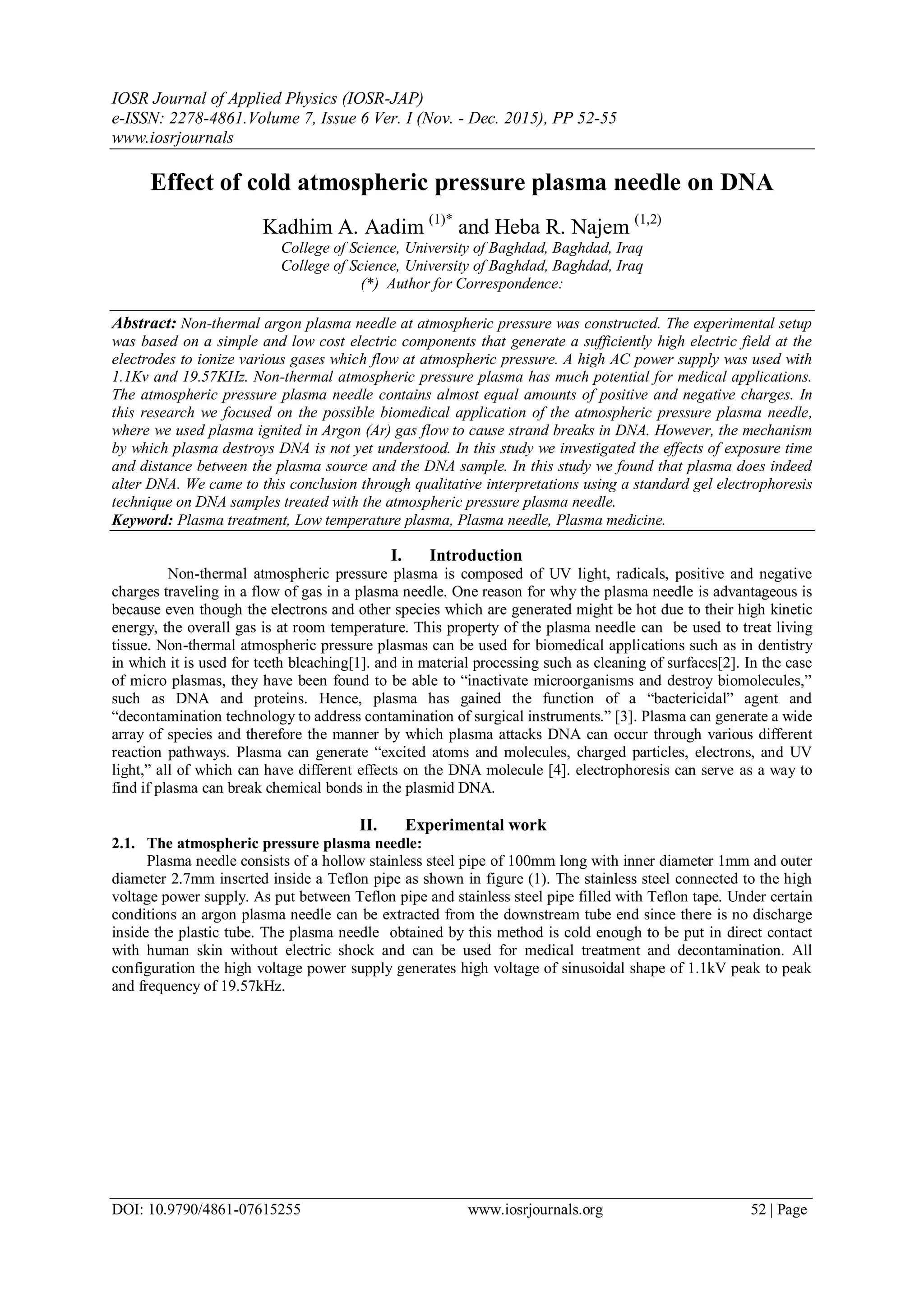 Effect of cold atmospheric pressure plasma needle on DNA | PDF