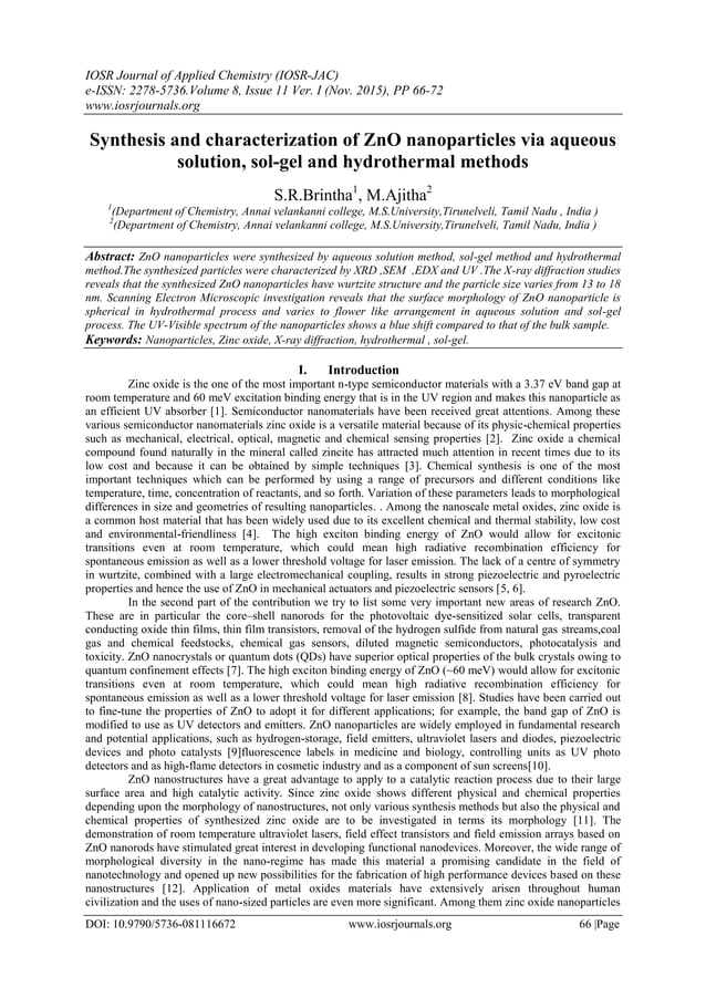 Synthesis and characterization of ZnO nanoparticles via aqueous solution, sol-gel and ...