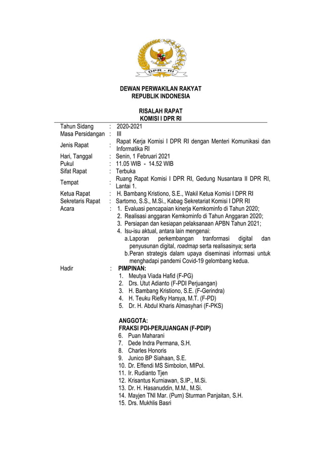 Risalah Rapat Komisi I DPR dan Menkominfo pada 1 Februari 2021 | PDF