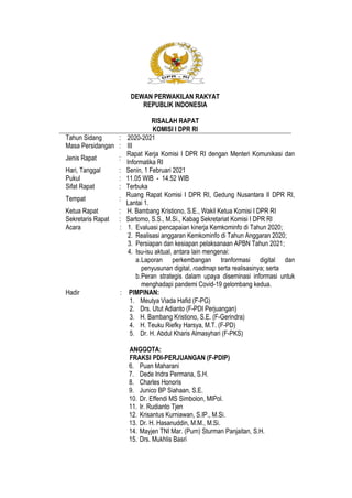 Risalah Rapat Komisi I DPR dan Menkominfo pada 1 Februari 2021 | PDF