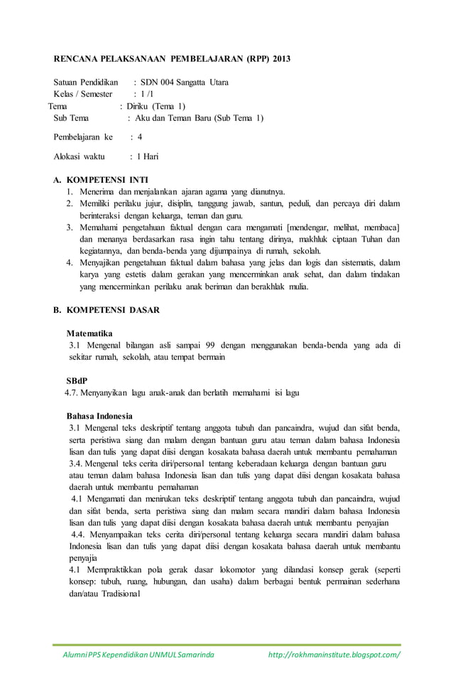 K1 t1-st1-p6 rpp tema 1 kelas 1sub tema 1 (5) | PDF