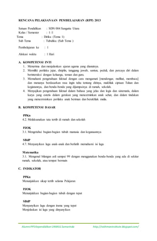 K1 t1-st2-p6 rpp tema 1 kelas 1sub tema 2 (2) | PDF