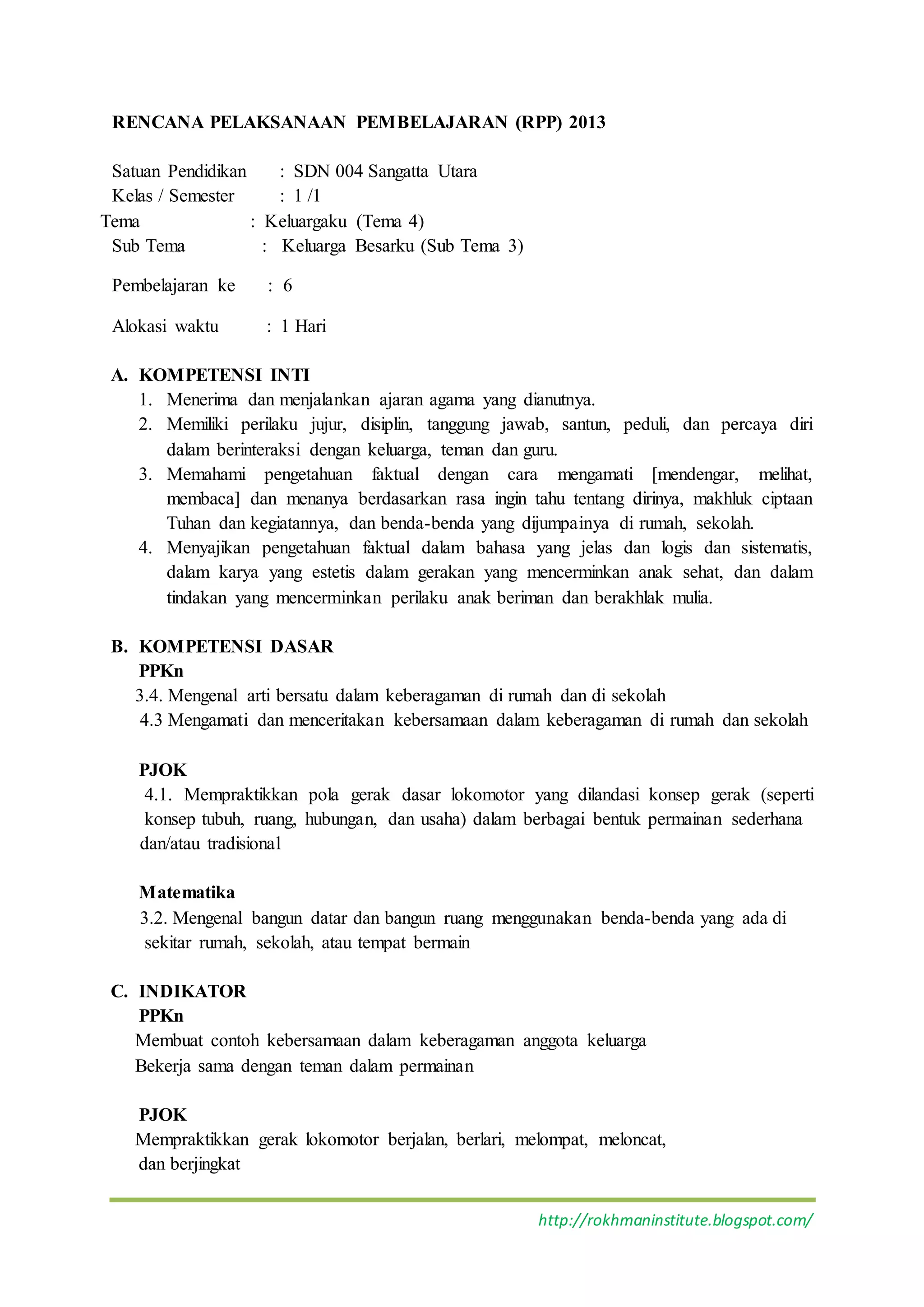 K1 t4-st3-p6 rpp tema 3 kelas 1 sub tema 1 (1) | PDF