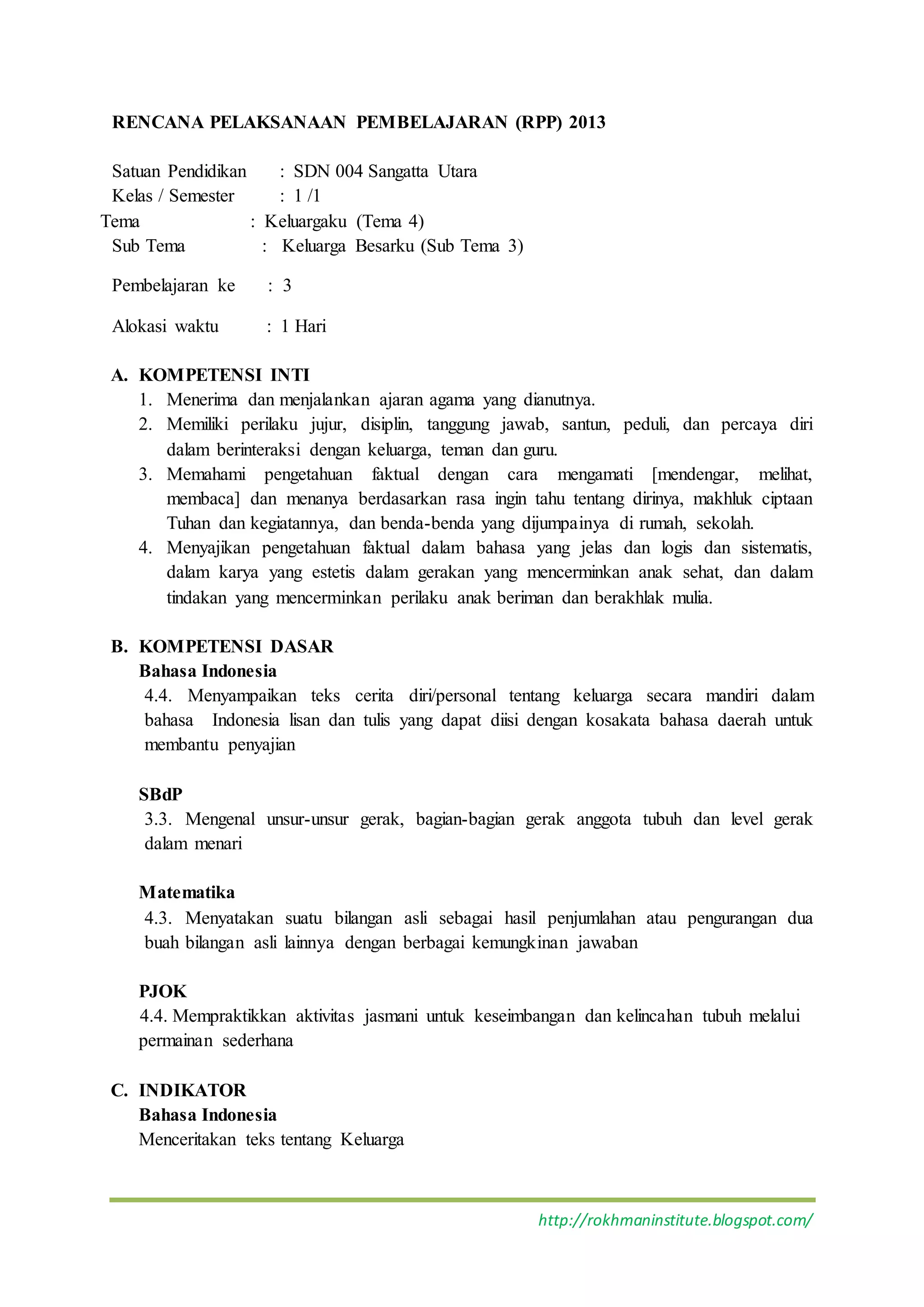 K1 t4-st3-p6 rpp tema 3 kelas 1 sub tema 1 (4) | PDF