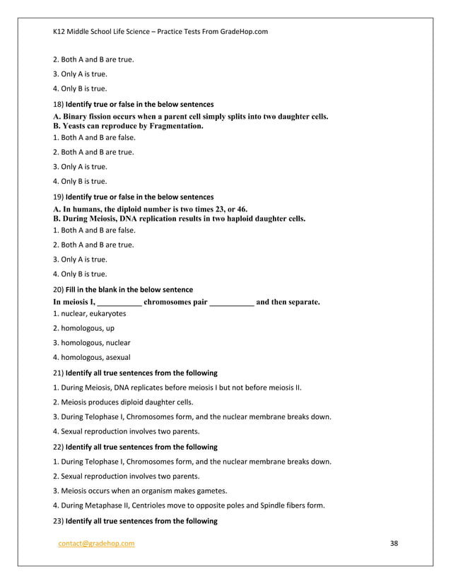 K12 middle school life science – practice tests | PDF | Biological ...