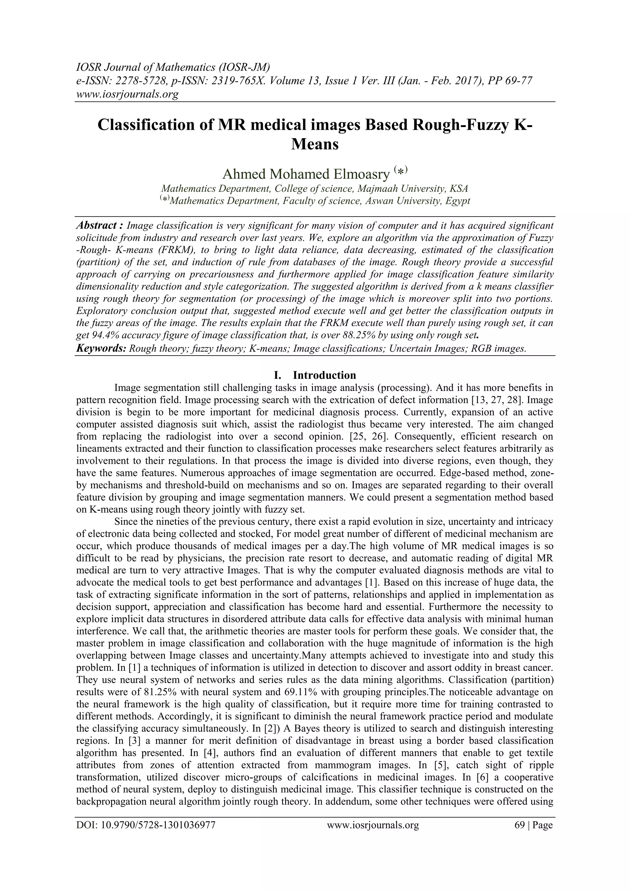 Classification of MR medical images Based Rough-Fuzzy KMeans | PDF