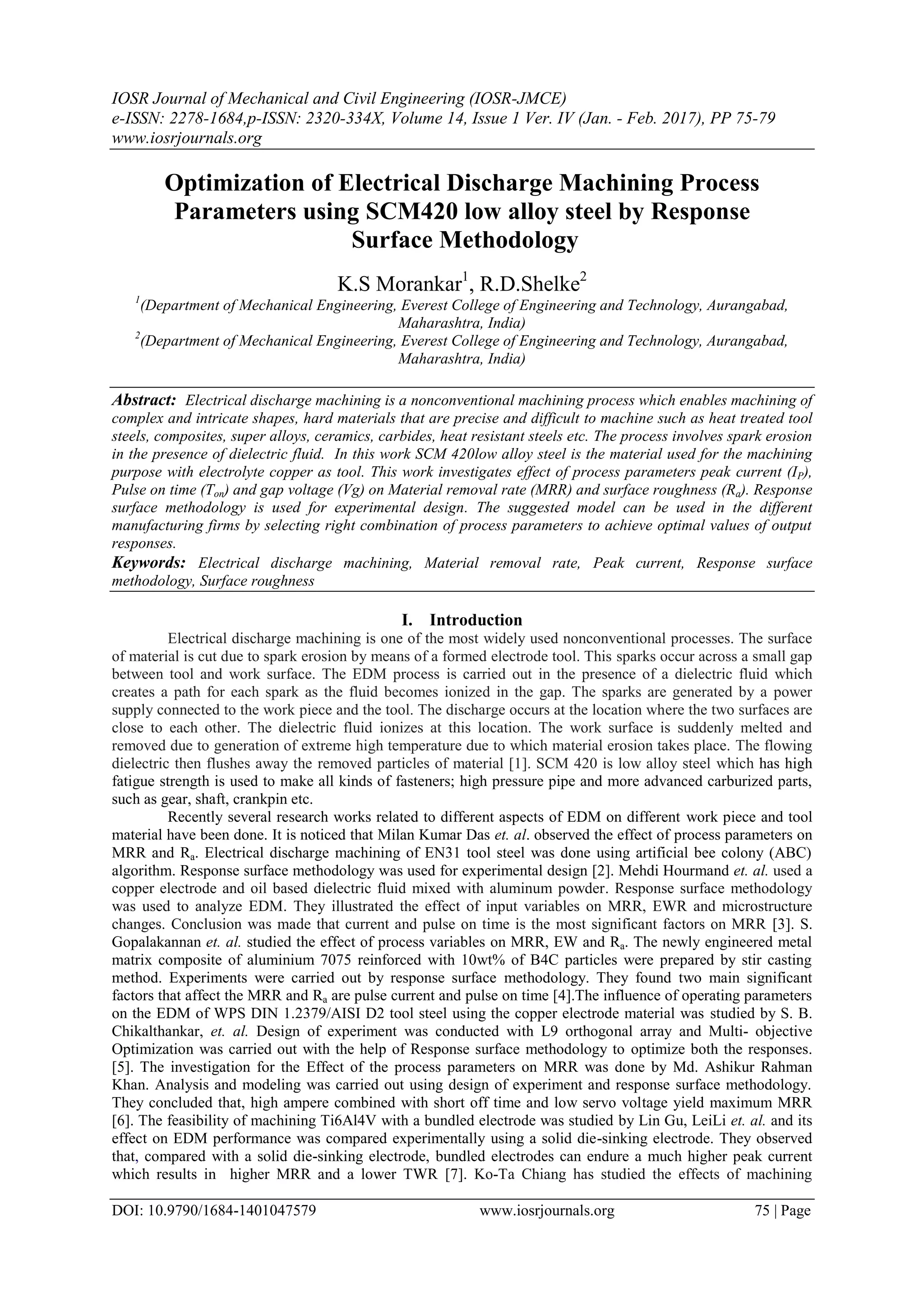 Optimization Of Electrical Discharge Machining Process Parameters Using