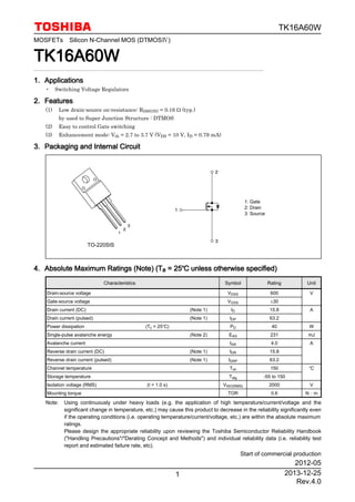 Original MOSFET N-CHANNEL K16A60W 16A60 K16A60 16A 600V New Toshiba | PDF