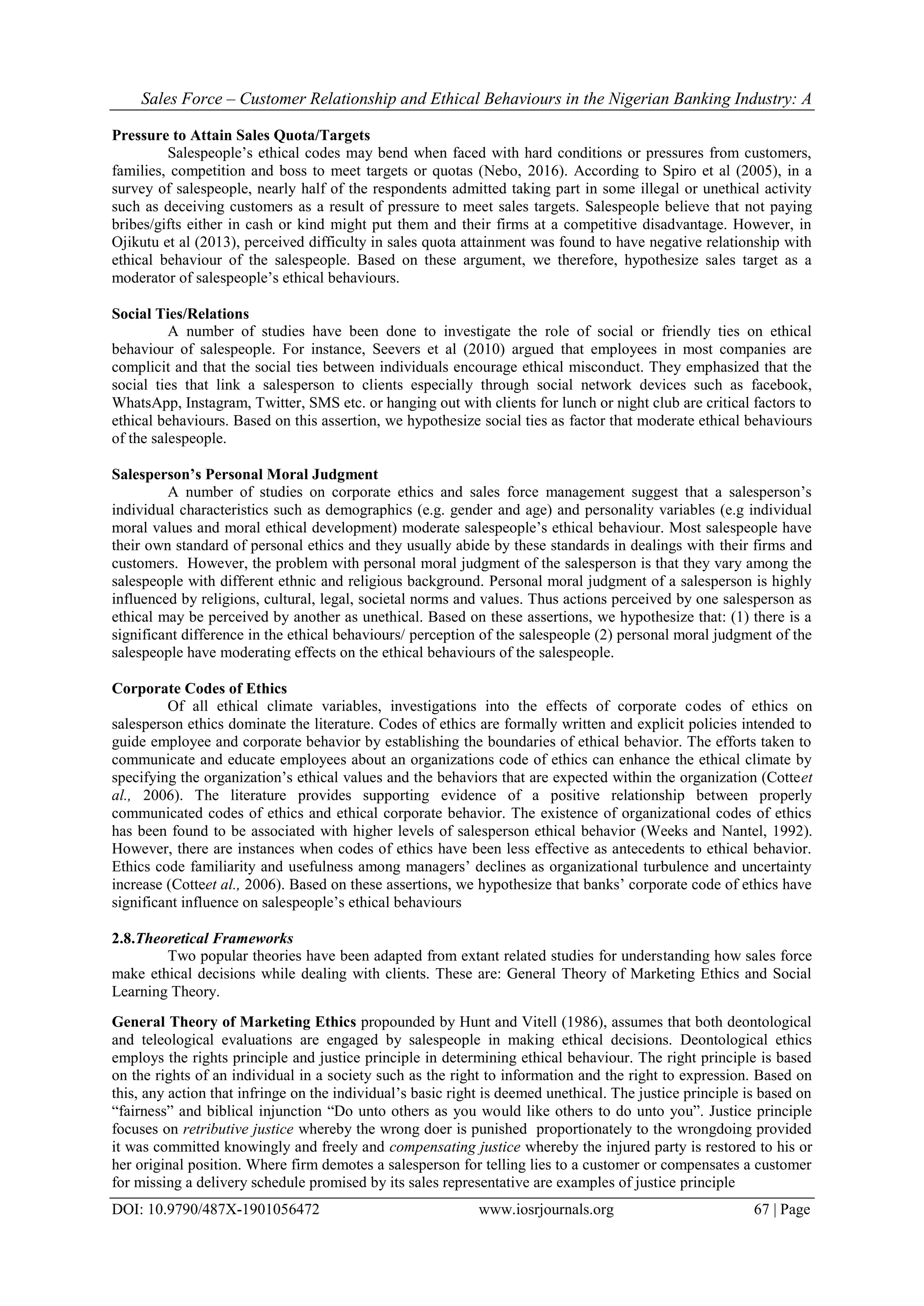 Sales Force – Customer Relationship and Ethical Behaviours in the ...