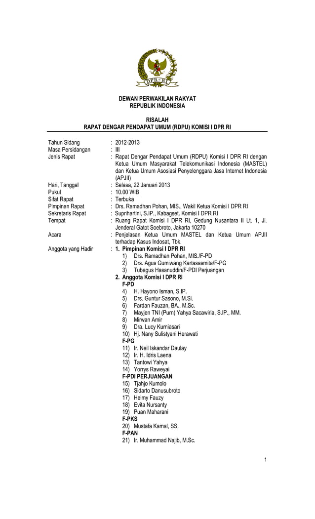 Risalah RDPU Komisi I DPR RI dengan Ketua Umum MASTEL dan Ketua Umum ...