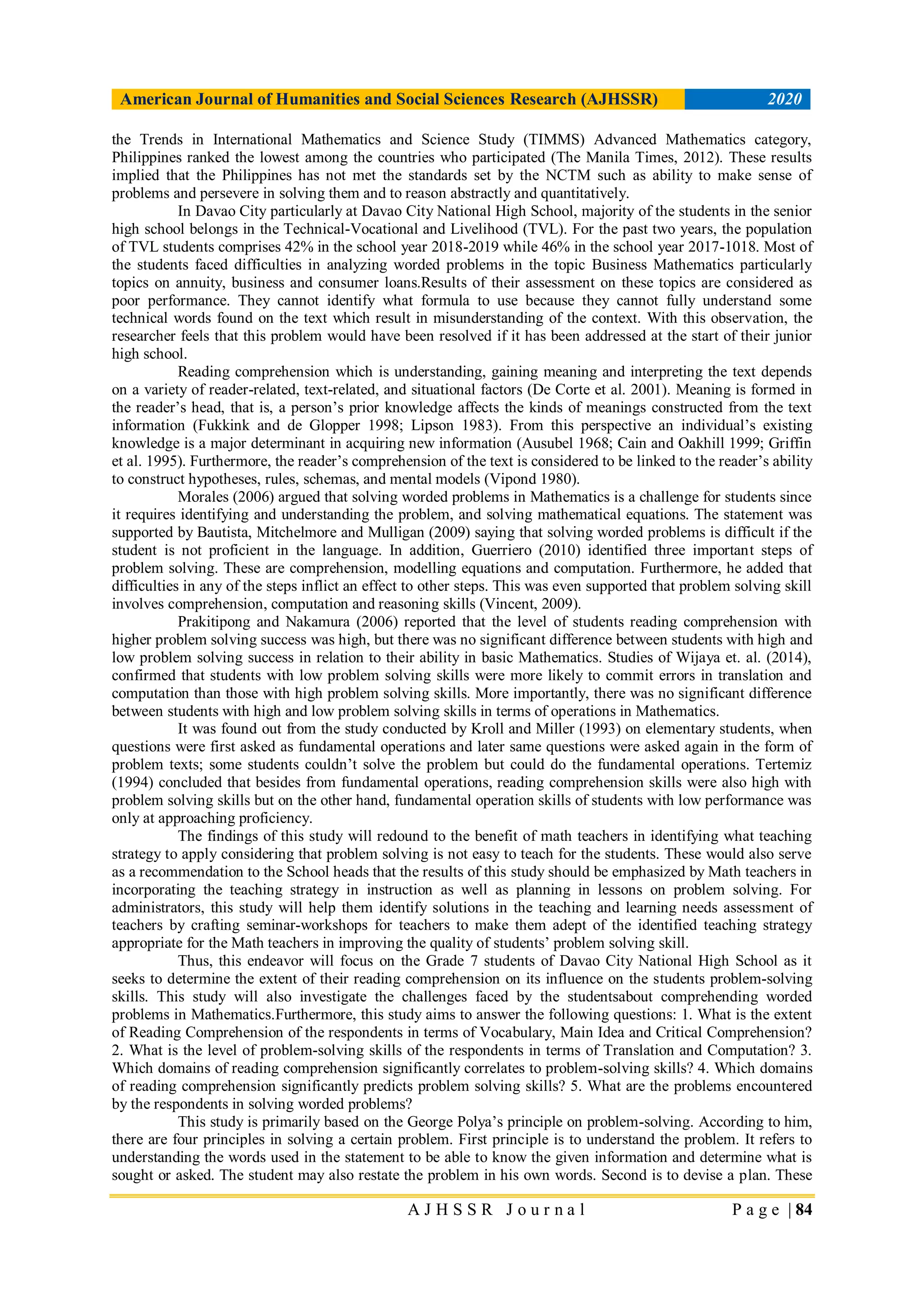 READING COMPREHENSION AND PROBLEM SOLVING SKILLS OF GRADE SEVENSTUDENTS ...