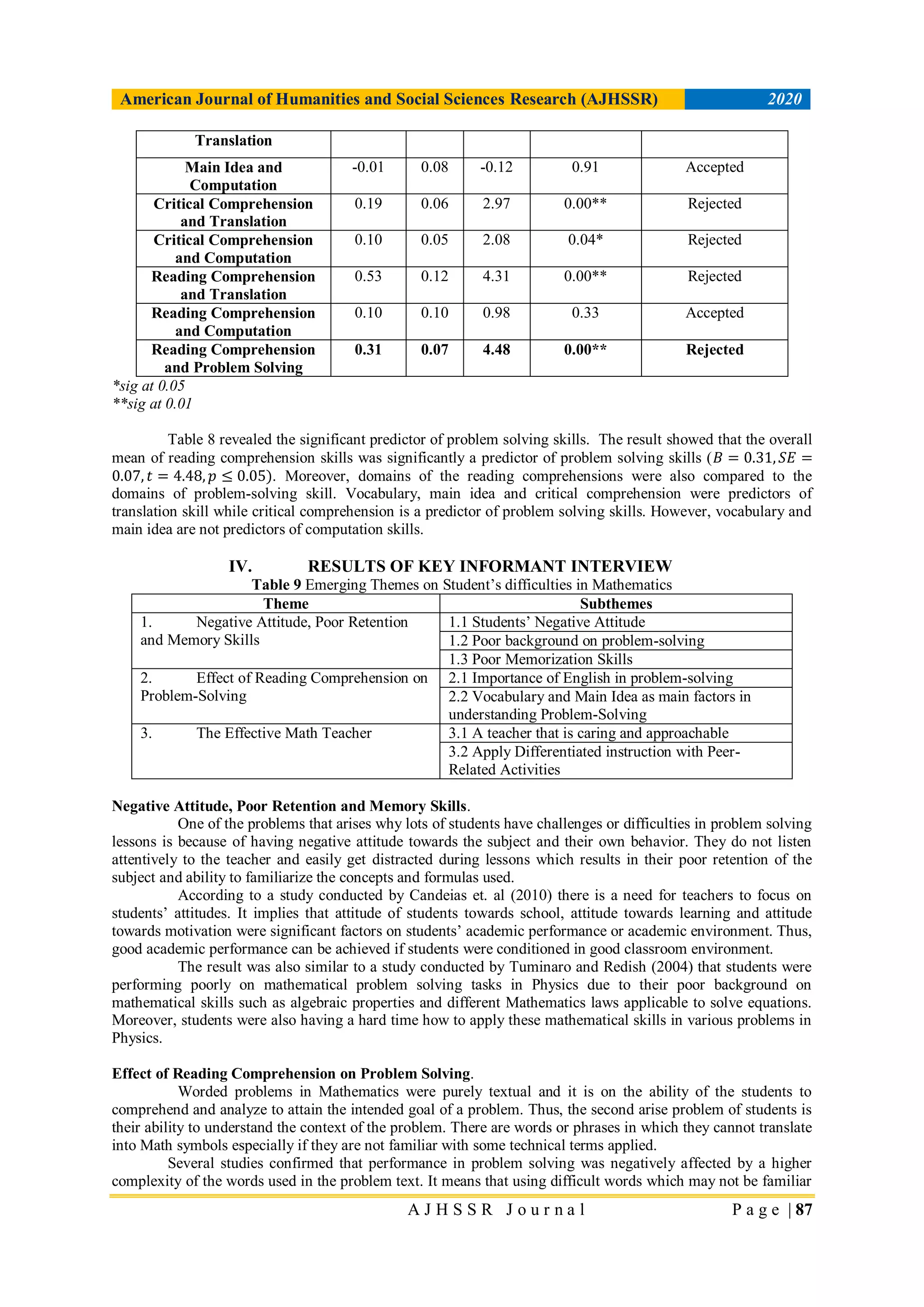 READING COMPREHENSION AND PROBLEM SOLVING SKILLS OF GRADE SEVENSTUDENTS: A MIXED SEQUENTIAL ...