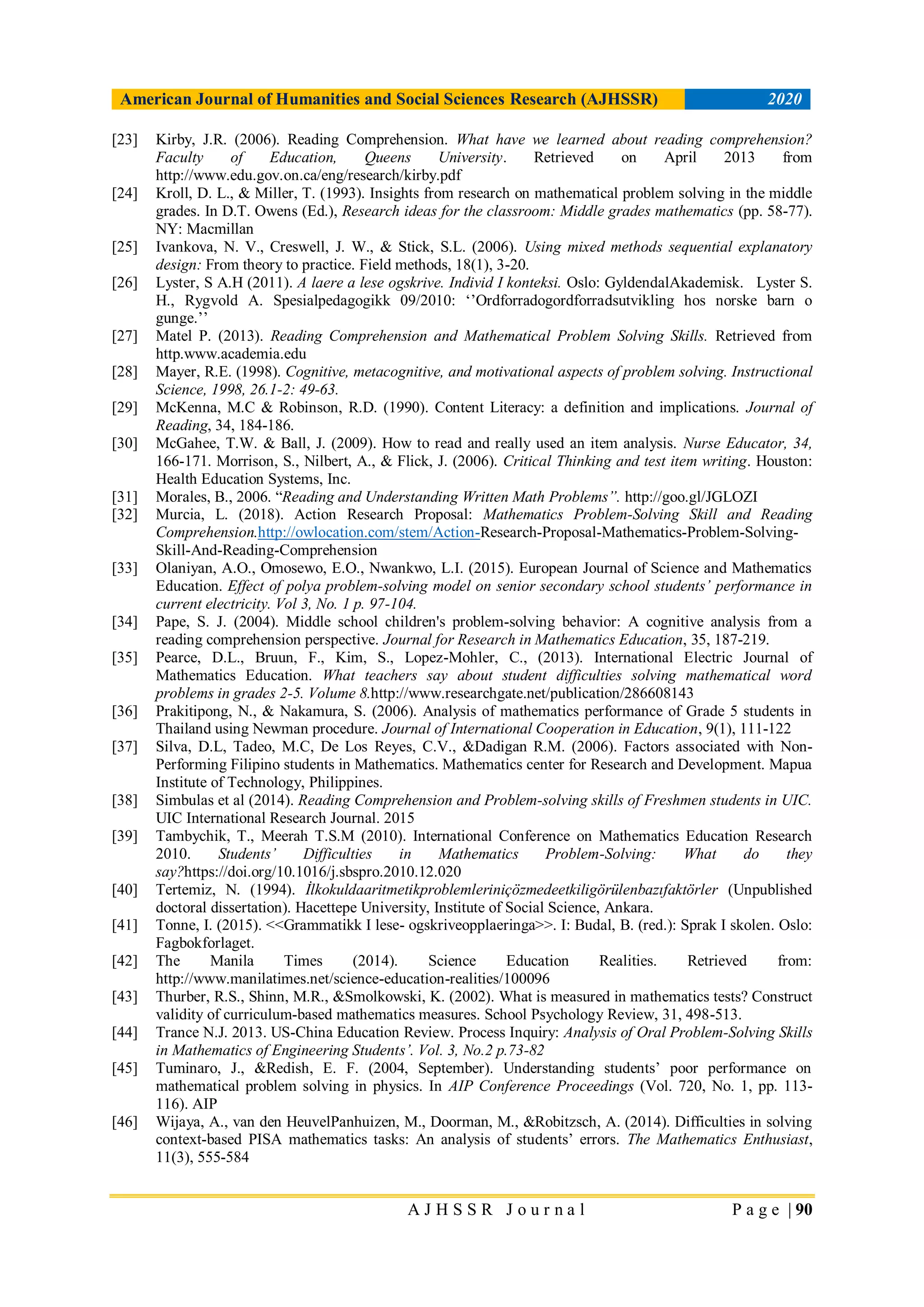 READING COMPREHENSION AND PROBLEM SOLVING SKILLS OF GRADE SEVENSTUDENTS: A MIXED SEQUENTIAL ...