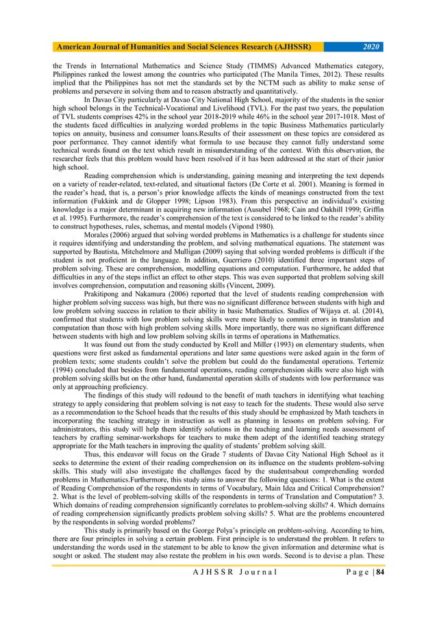 READING COMPREHENSION AND PROBLEM SOLVING SKILLS OF GRADE SEVENSTUDENTS: A MIXED SEQUENTIAL ...