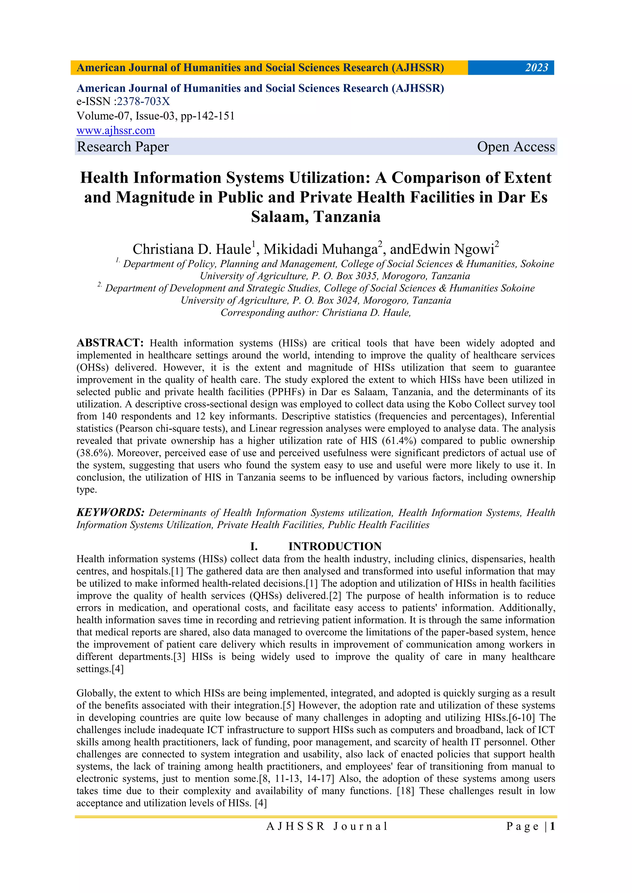 Health Information Systems Utilization: A Comparison of Extent and ...