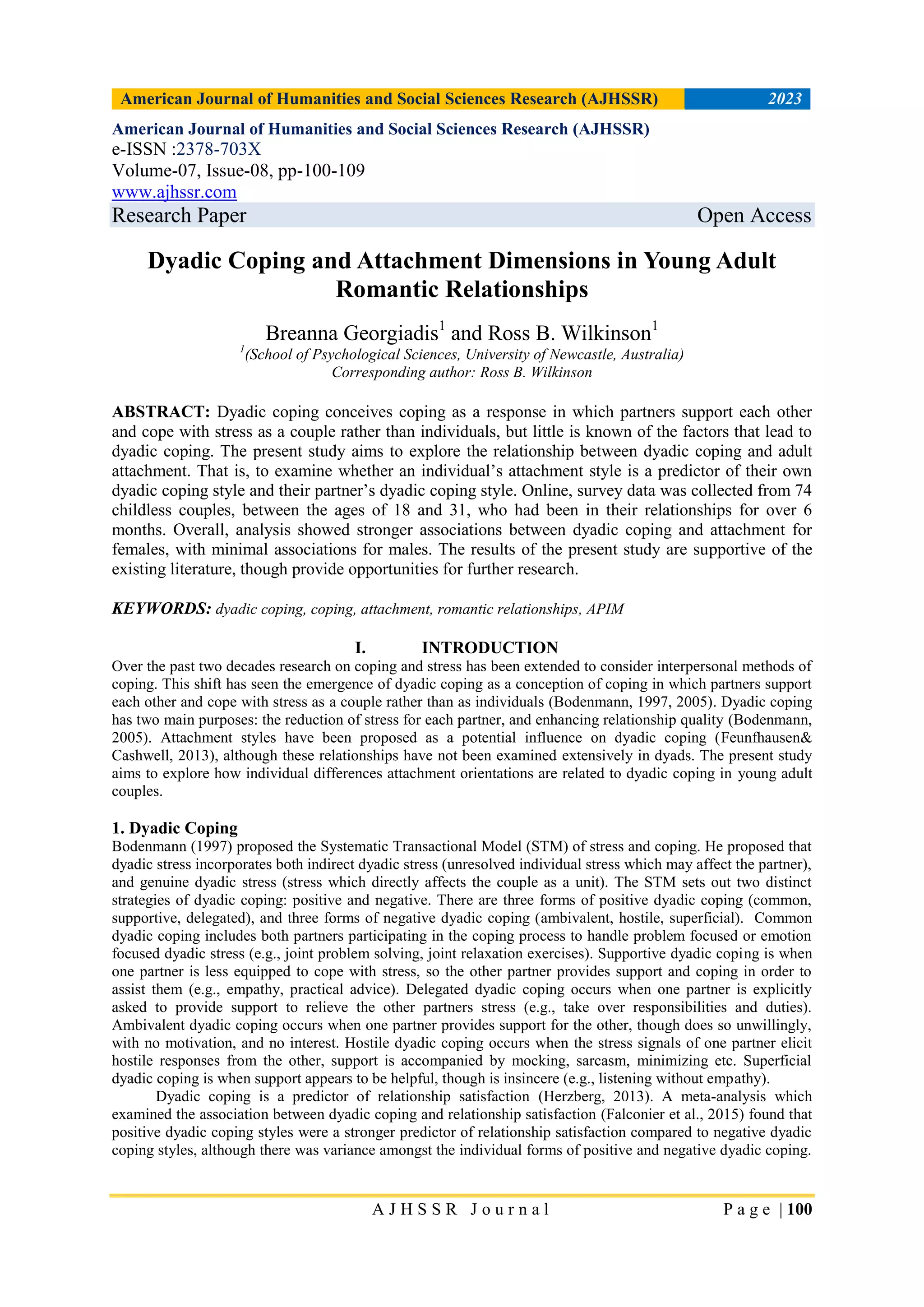 Dyadic Coping and Attachment Dimensions in Young Adult Romantic ...