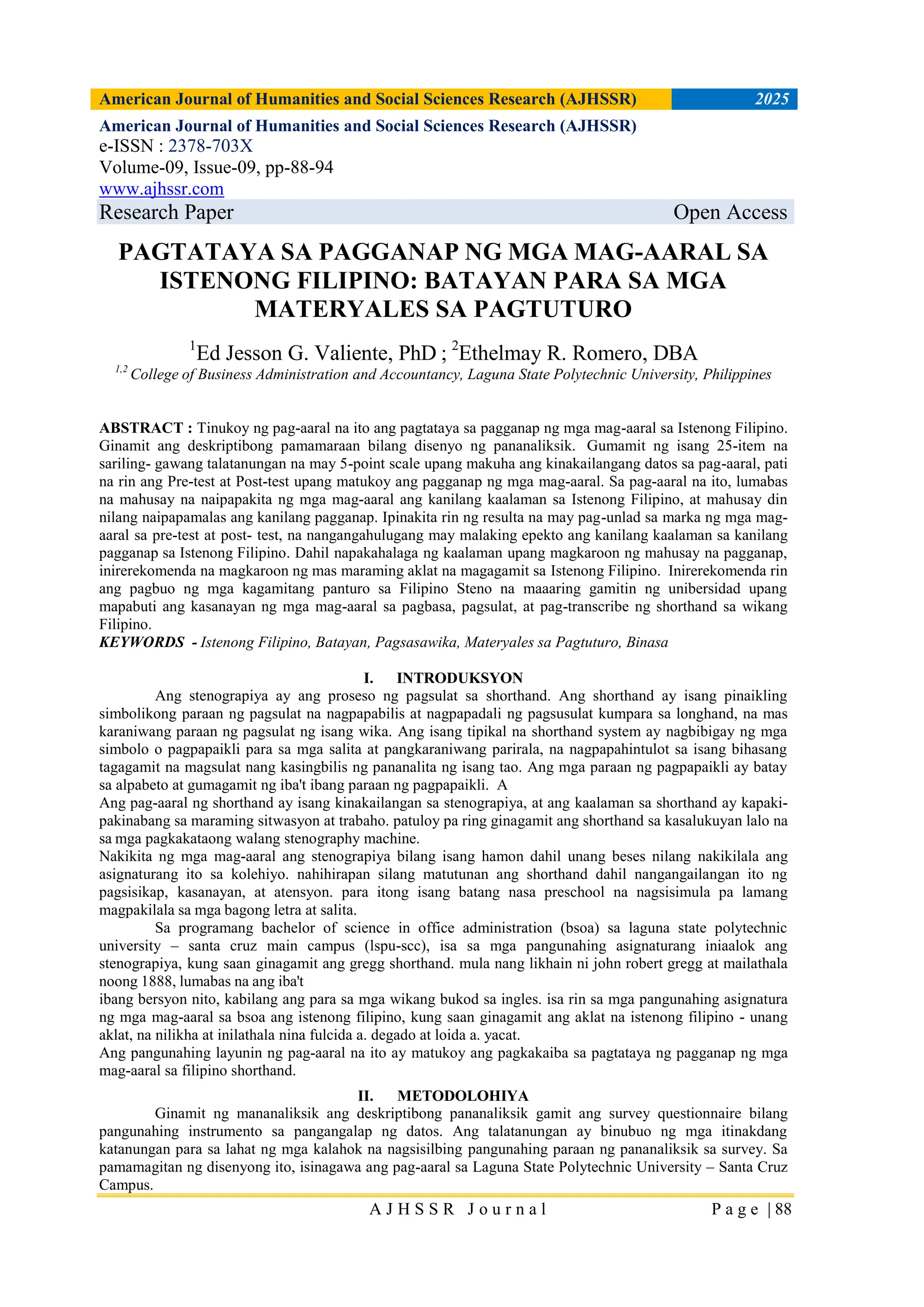 PAGTATAYA SA PAGGANAP NG MGA MAG-AARAL SA ISTENONG FILIPINO: BATAYAN ...