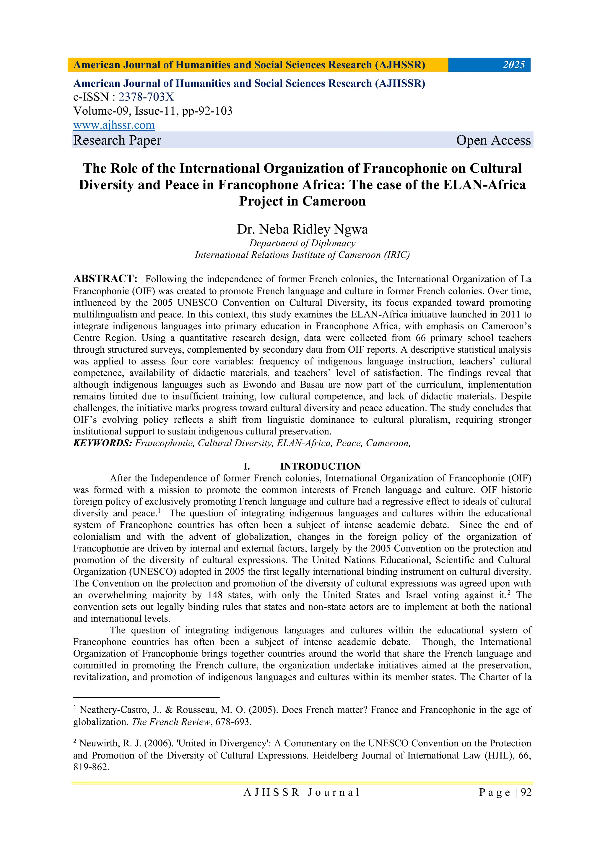 The Role of the International Organization of Francophonie on Cultural ...