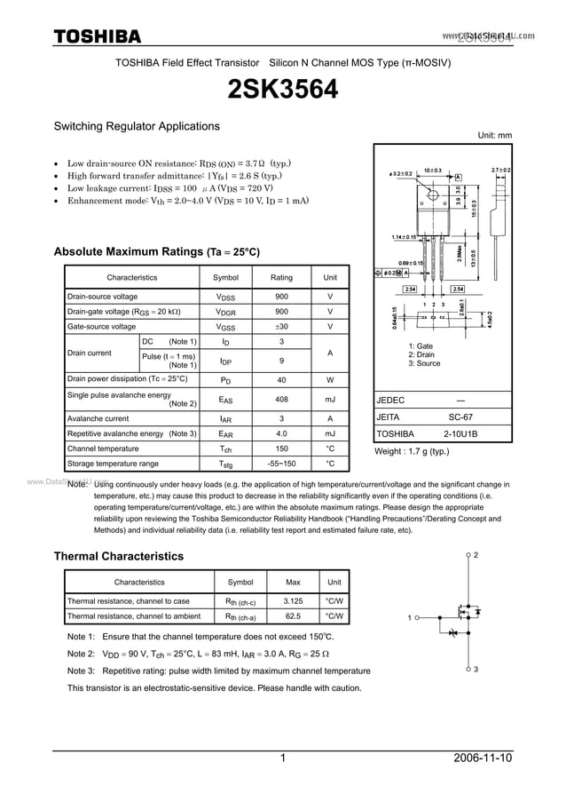 Orriginal N-Channel Mosfet K3564 3564 2SK3564 TO-220F New Toshiba | PDF