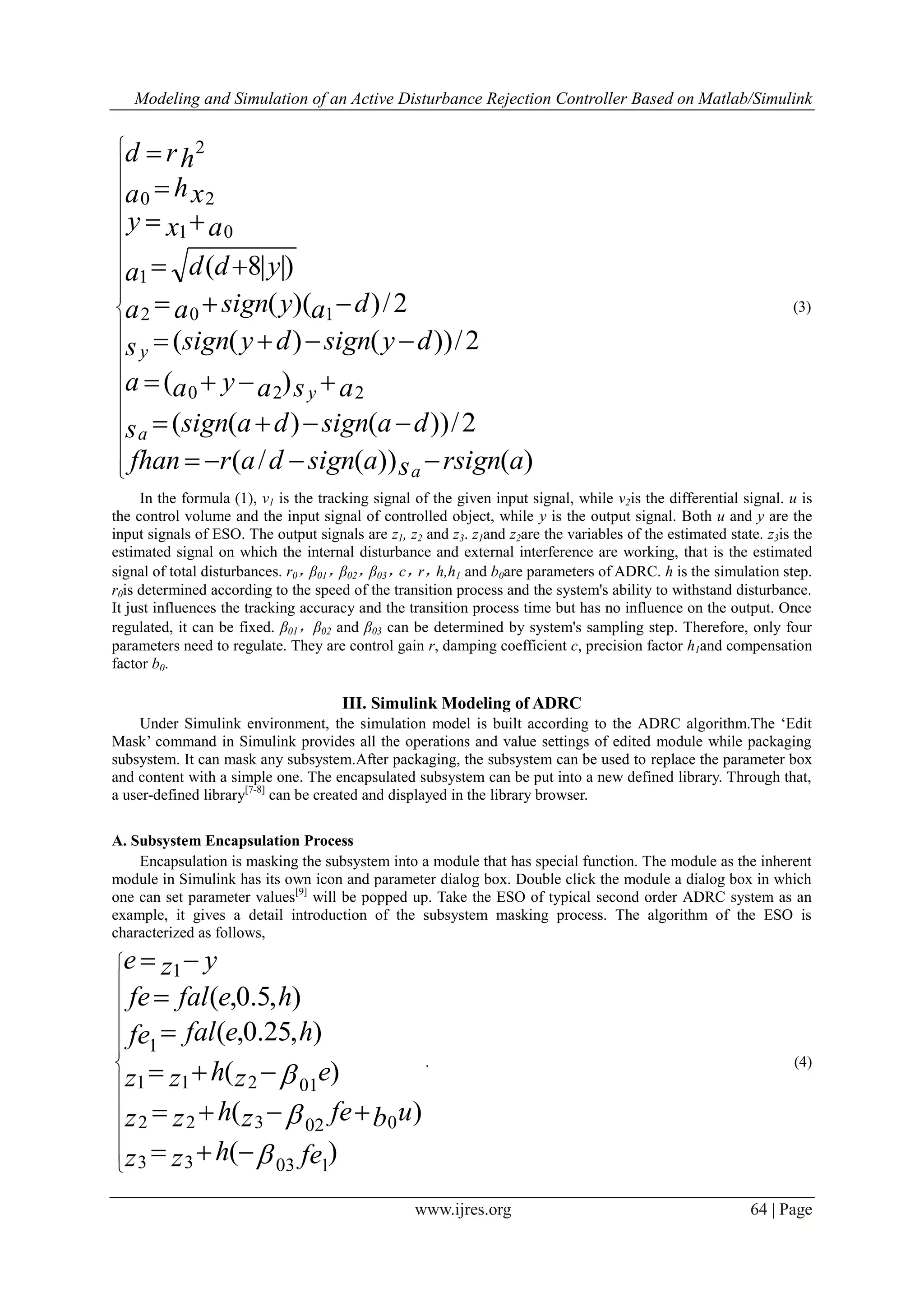Modeling and Simulation of an Active Disturbance Rejection Controller Based on Matlab/Simulink | PDF