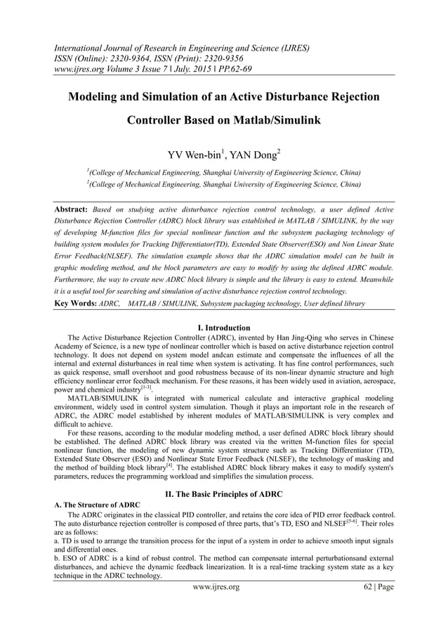 Modeling And Simulation Of An Active Disturbance Rejection Controller Based On Matlabsimulink Pdf