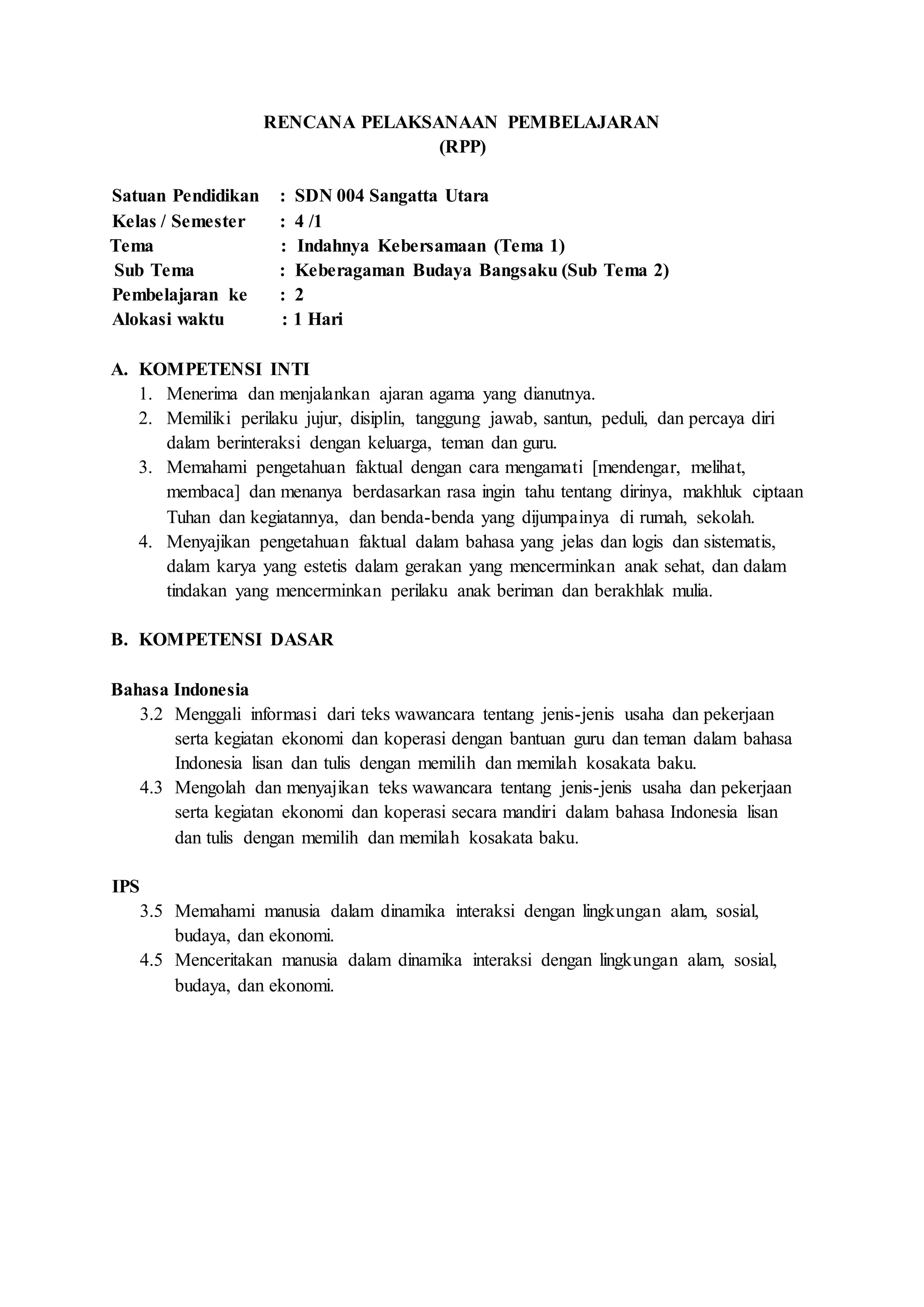 K4 t1-st2-p2 rpp sd kelas 4 smt 1 sub tema 2a | PDF | Free download