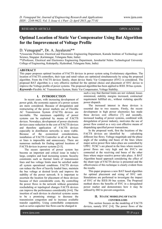 Optimal Location of Static Var Compensator Using Bat Algorithm for the Improvement of Voltage ...