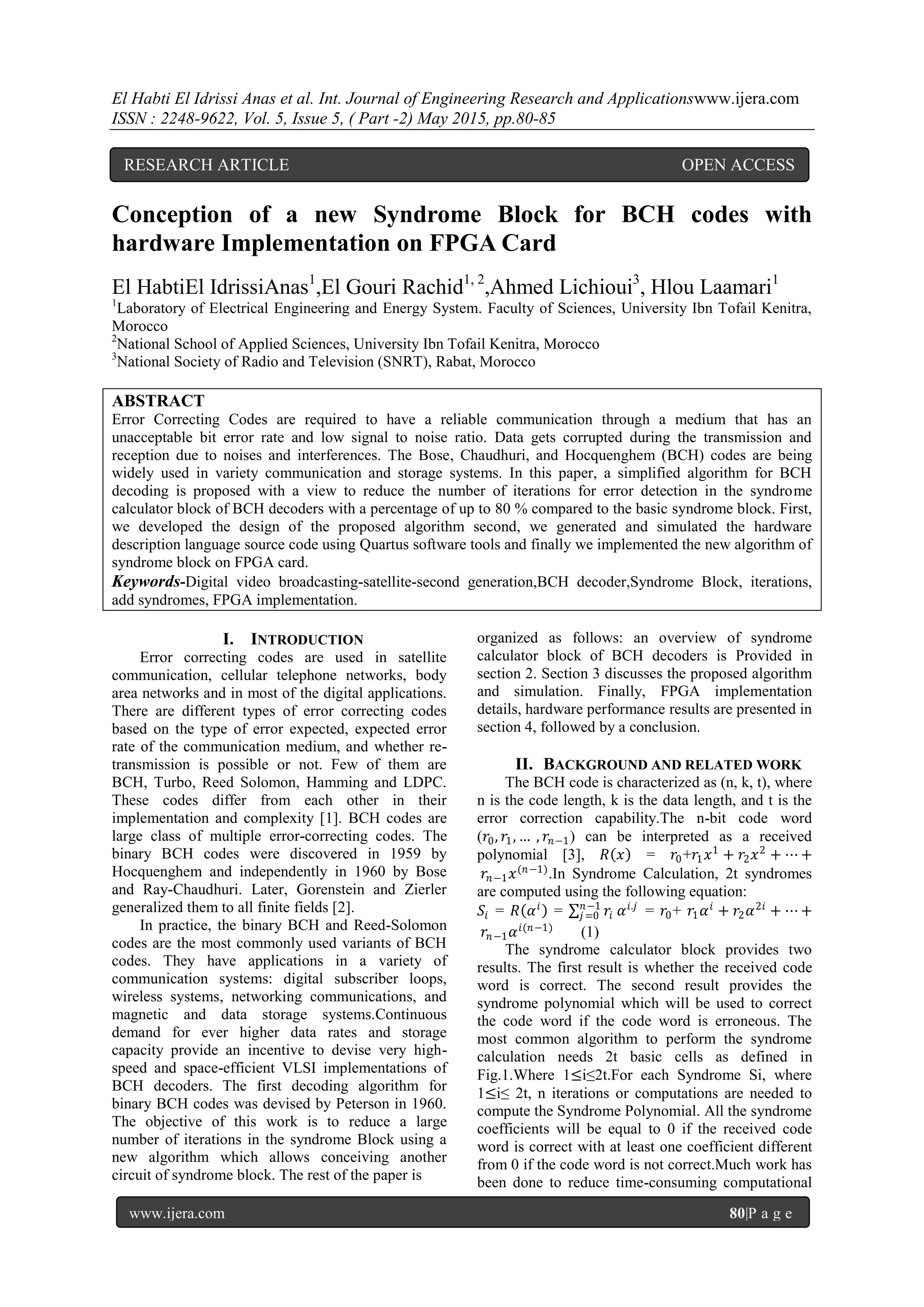 Conception of a new Syndrome Block for BCH codes with hardware Implementation on FPGA Card | PDF