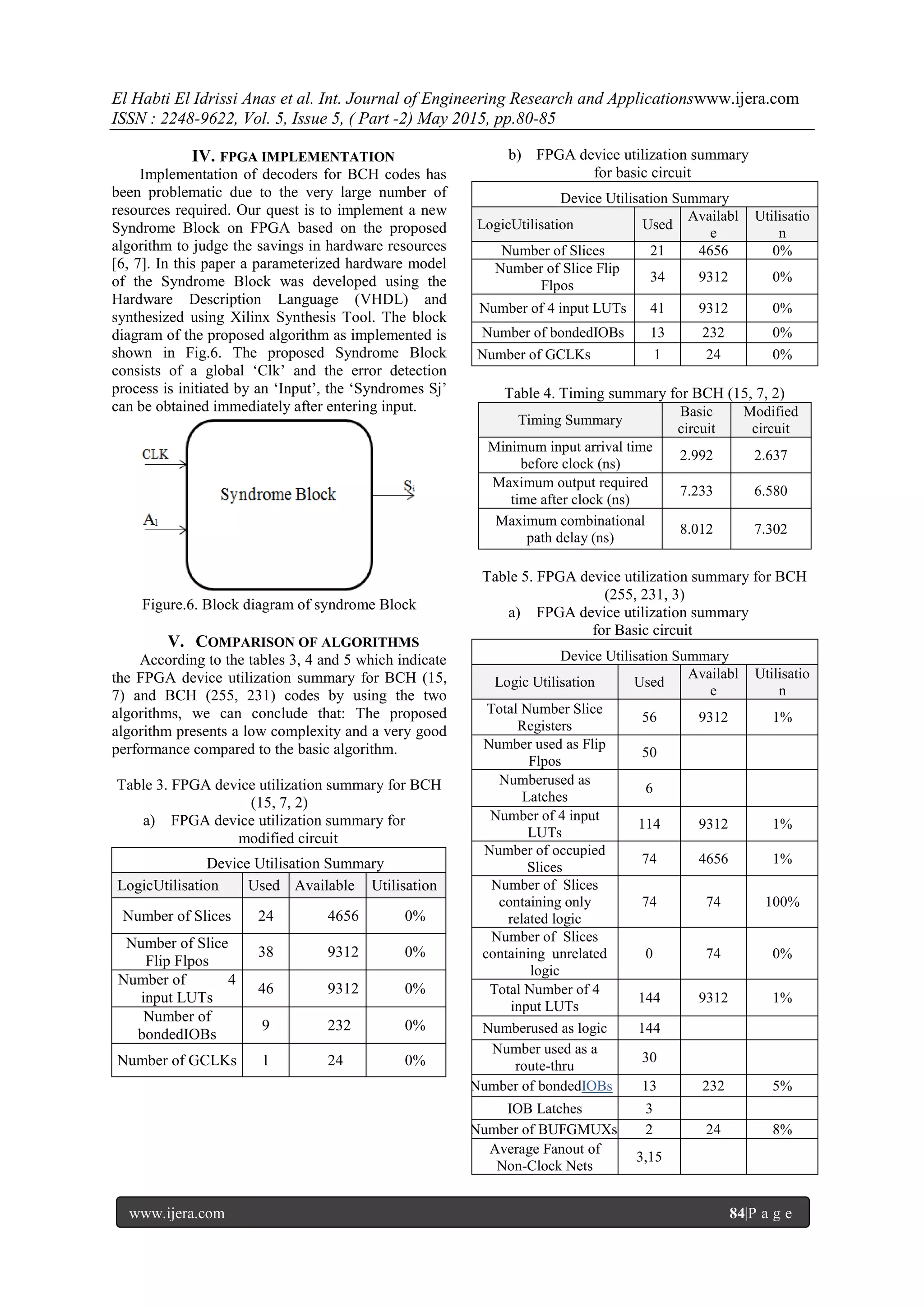 Conception of a new Syndrome Block for BCH codes with hardware Implementation on FPGA Card | PDF