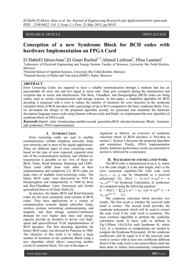 Conception of a new Syndrome Block for BCH codes with hardware Implementation on FPGA Card | PDF