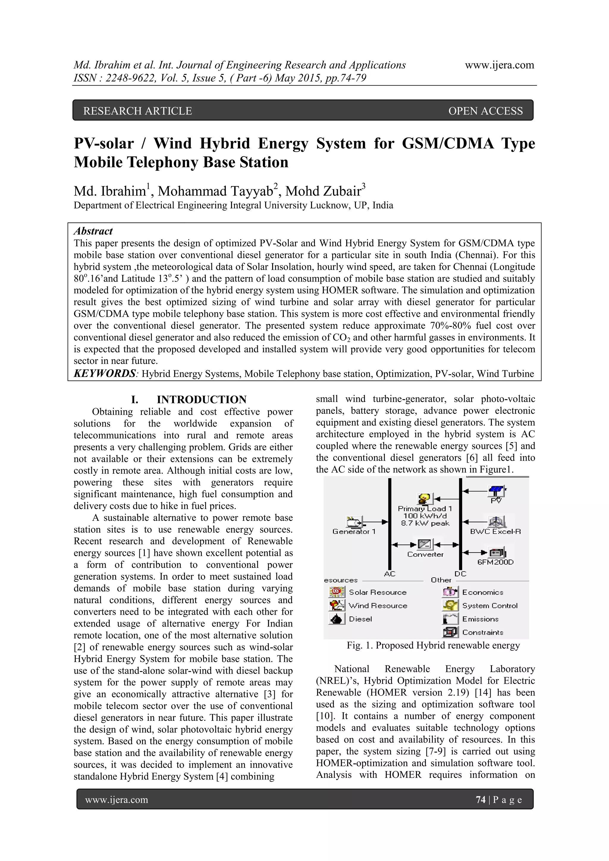 PV-solar / Wind Hybrid Energy System for GSM/CDMA Type Mobile Telephony ...