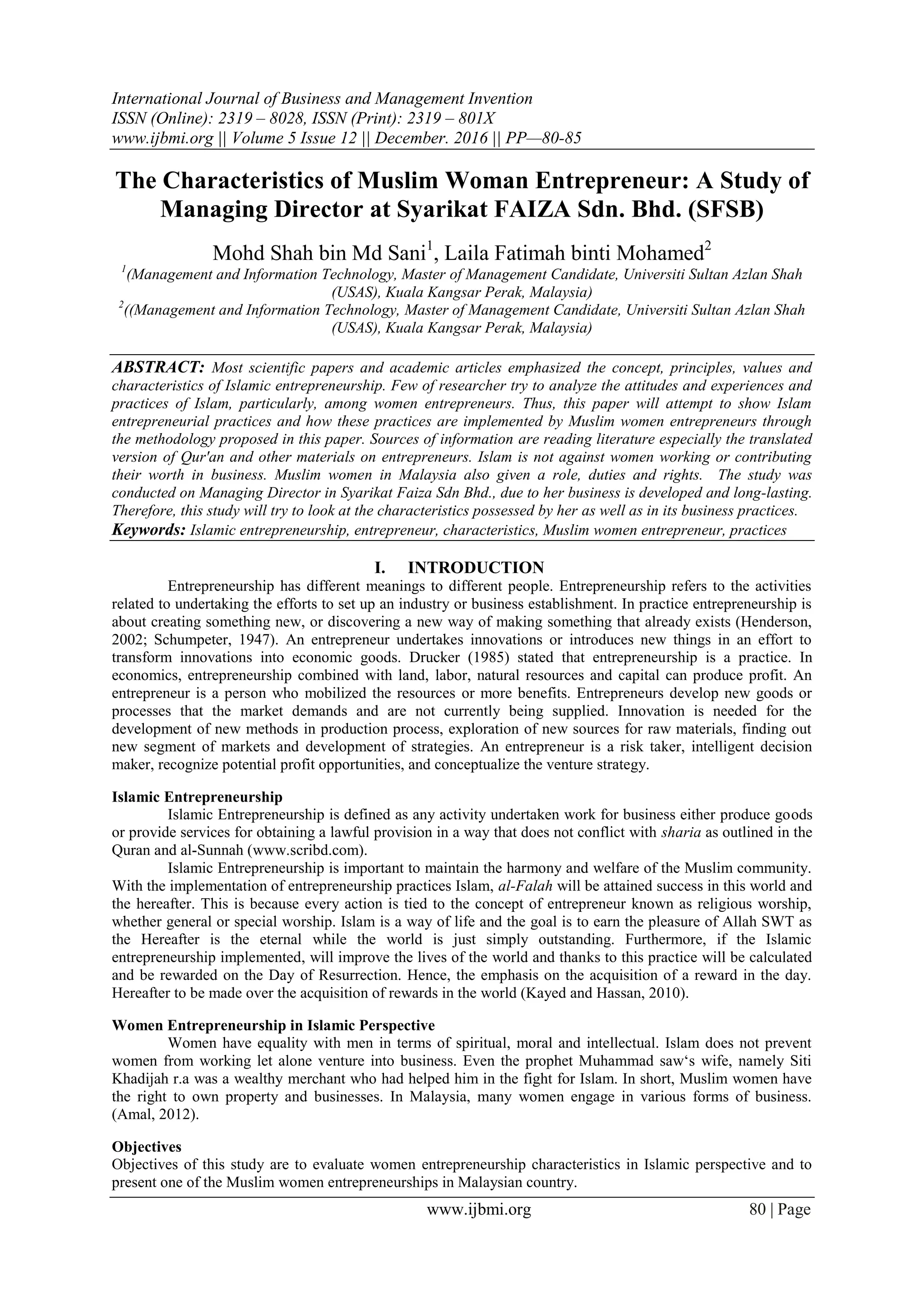 The Characteristics of Muslim Woman Entrepreneur: A Study of Managing ...