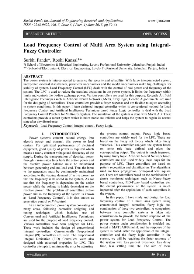 Load Frequency Control Of Multi Area System Using Integral Fuzzy Controller Pdf