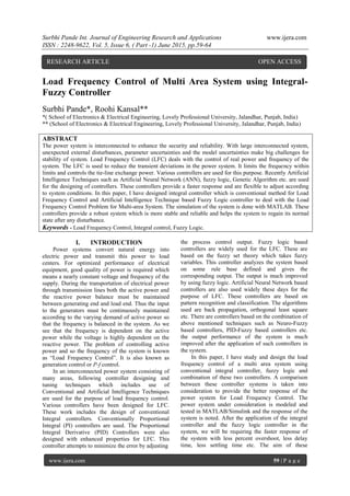 Load Frequency Control of Multi Area System using Integral-Fuzzy Controller | PDF