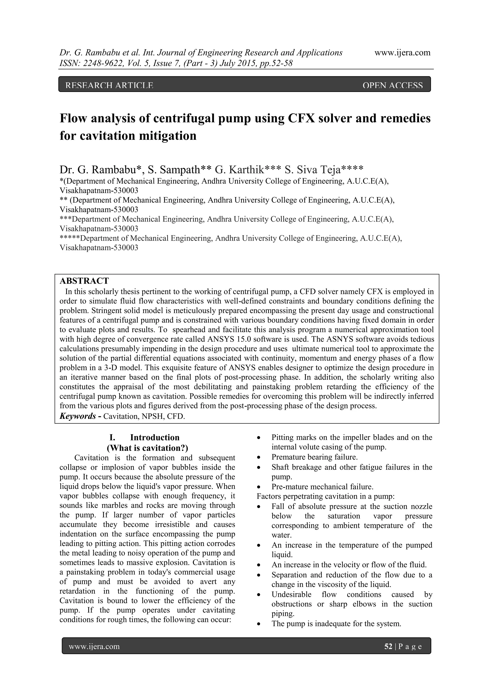 Flow analysis of centrifugal pump using CFX solver and remedies for cavitation mitigation | PDF