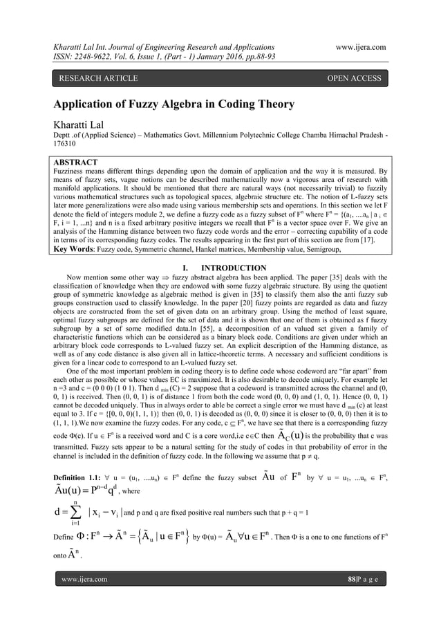 Application of Fuzzy Algebra in Coding Theory | PDF