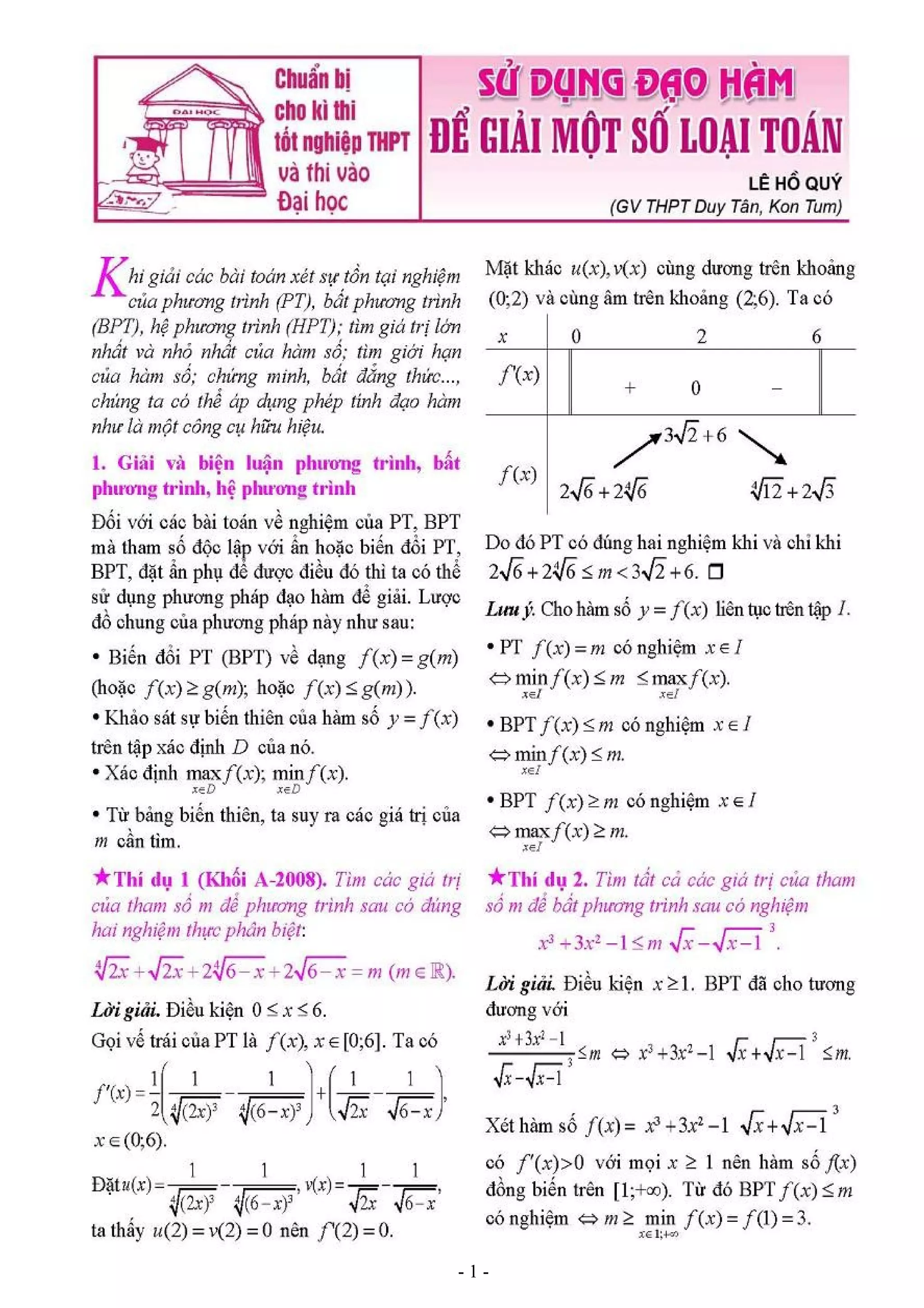 Chuyên đề su dung dao ham de giai toan | PDF