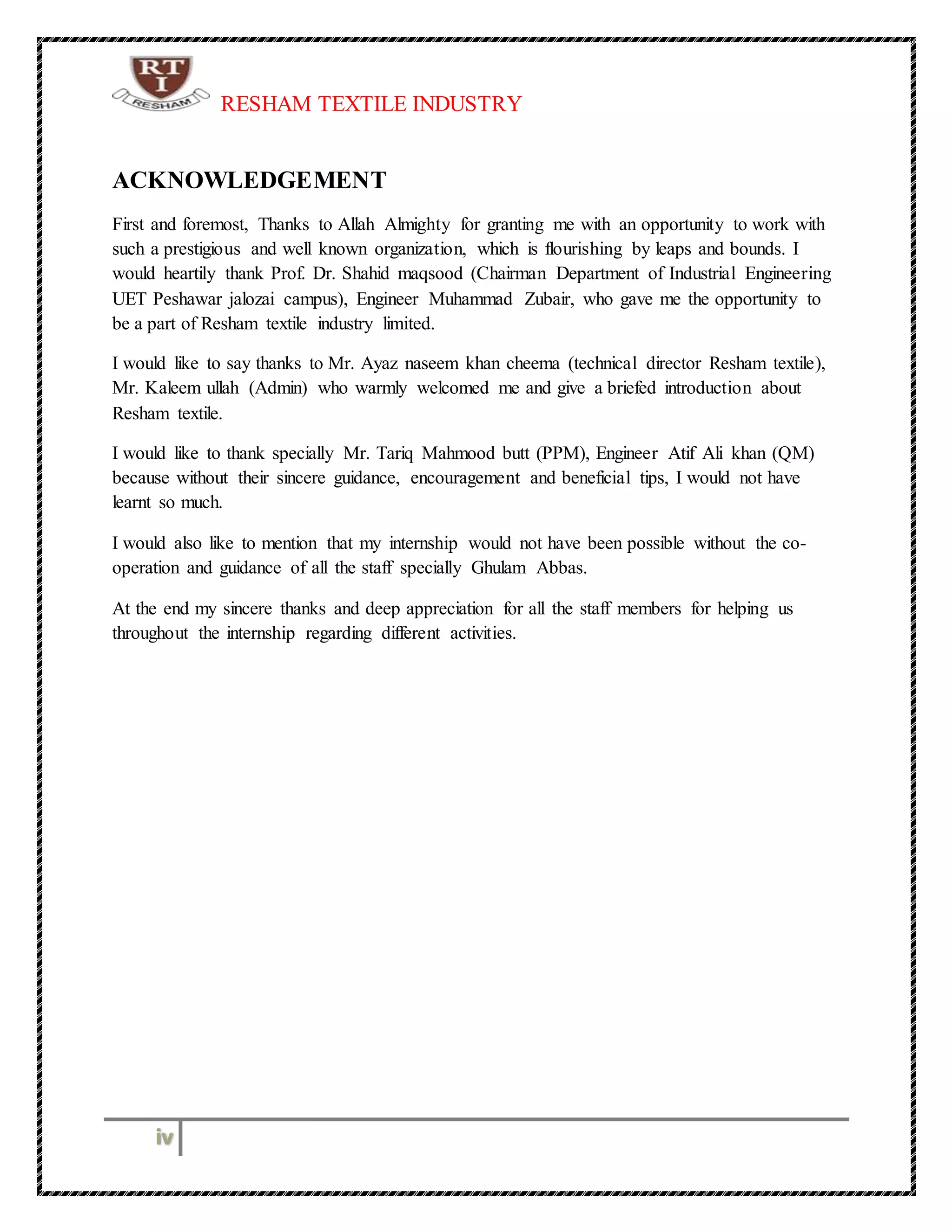 Report Of Spinning Mill (Resham textile industry limited) | DOCX