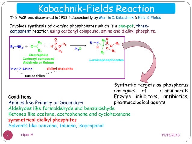 Kabachnik fields reaction- Variations, Applications | PPTX | Chemistry | Science