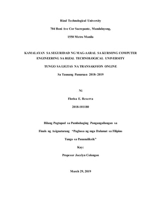 Kamalayan sa Seguridad ng Mag-aaral sa kursong Computer Enginnering sa Rizal Technological ...