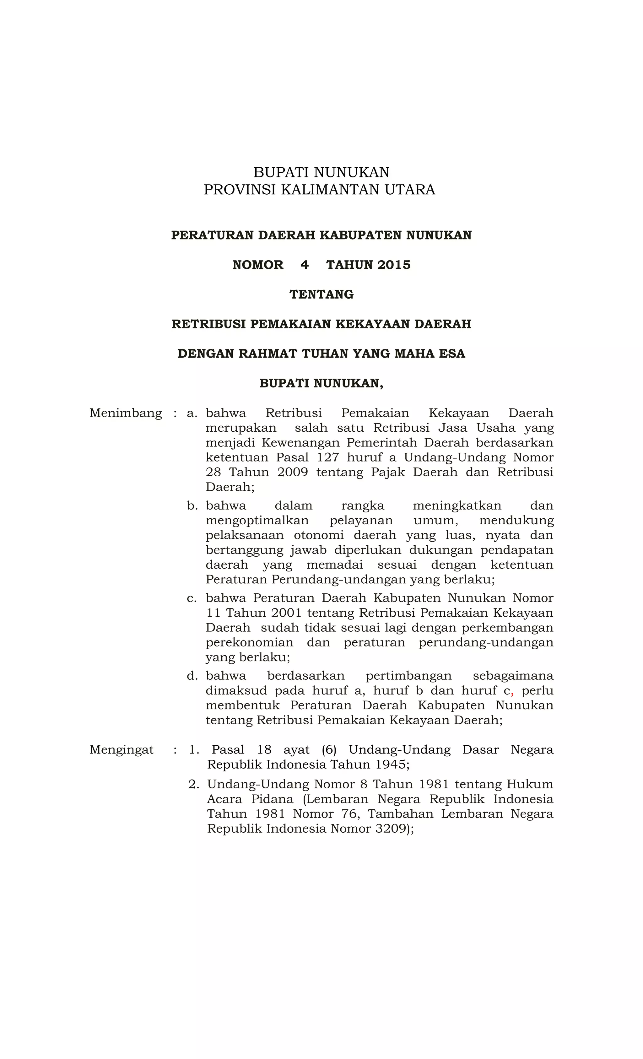 Perda Kabupaten nunukan tentang retribusi pemakaian kekayaan daerah-ok ...